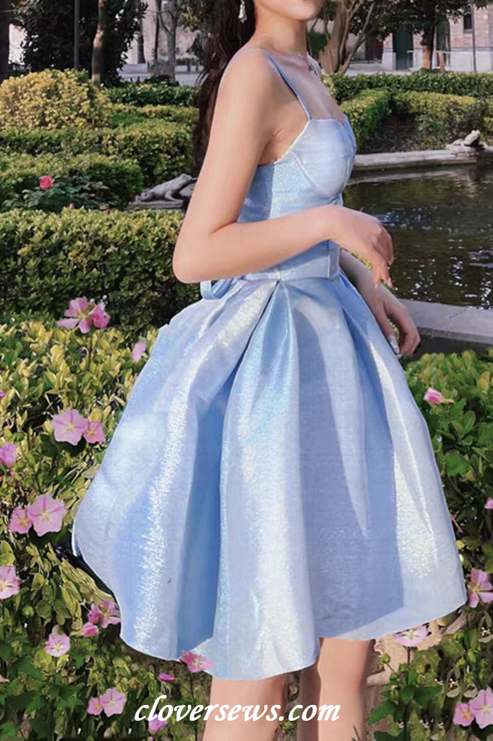 Blue Shiny Satin Sleeveless A-line Fashion Short Mini Hoco Dresses, CH ...