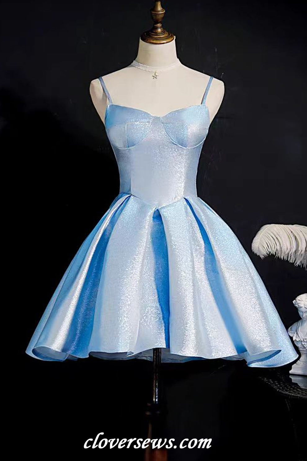 Blue Shiny Satin Sleeveless A-line Fashion Short Mini Hoco Dresses, CH ...