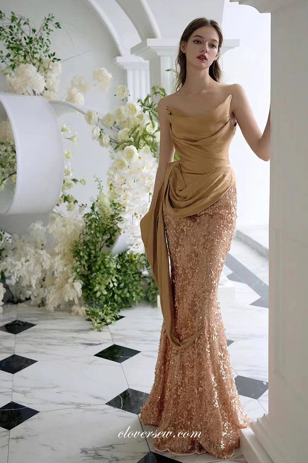 Shiny Gold Satin And Sequin Strapless Mermaid Sparkly Prom Dresses, CP ...