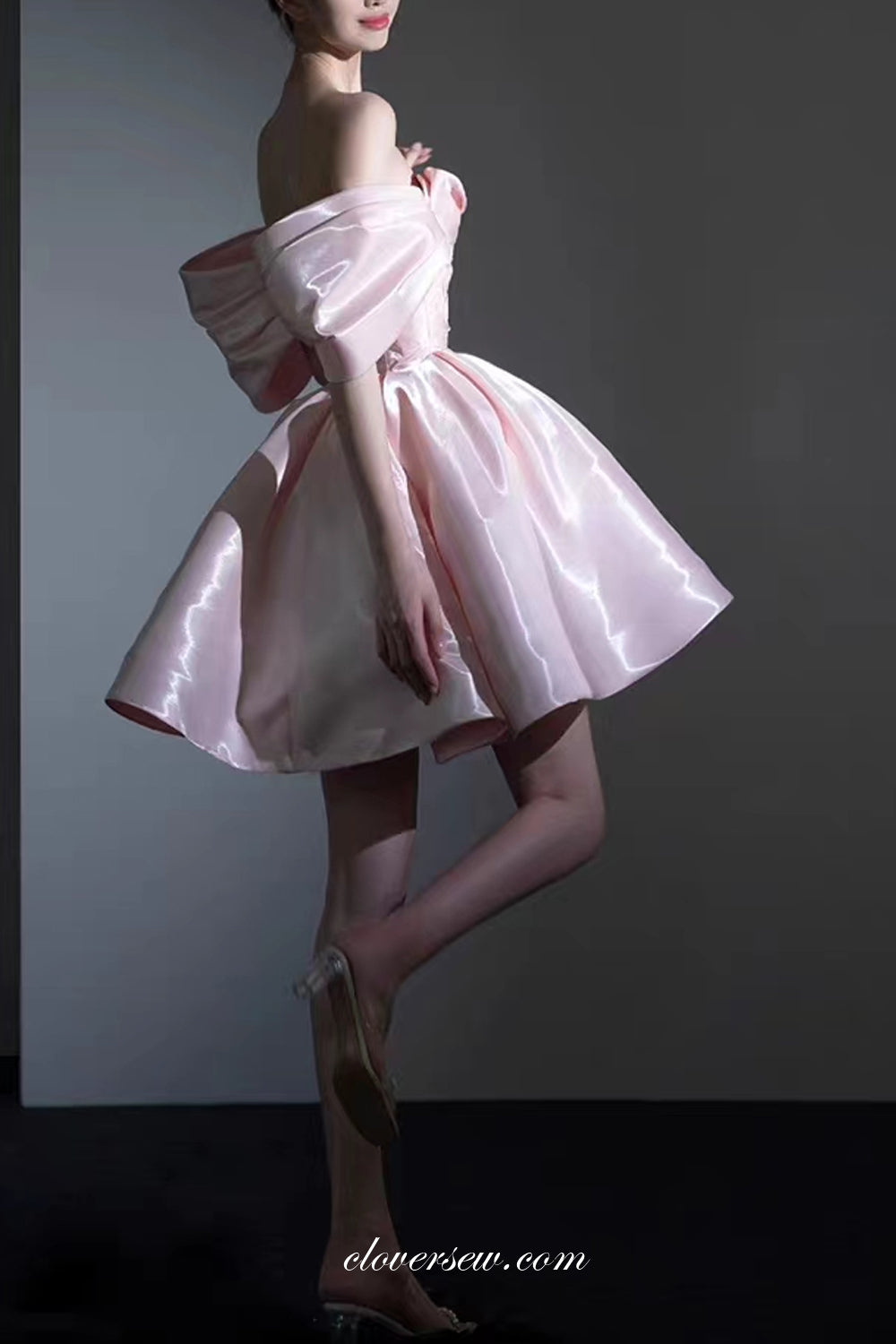 Pink Shiny Satin Off The Shoulder Ball Gown Short Prom Dresses, CP1036 ...