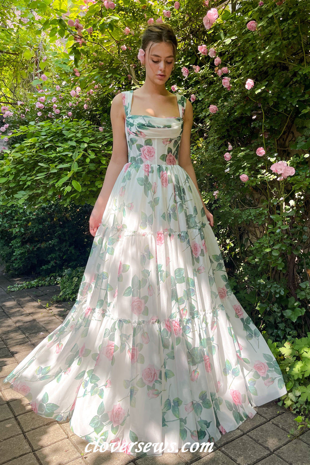 Square Neck Sleeveless Charming Floral Printed A-line Spring Dresses ...