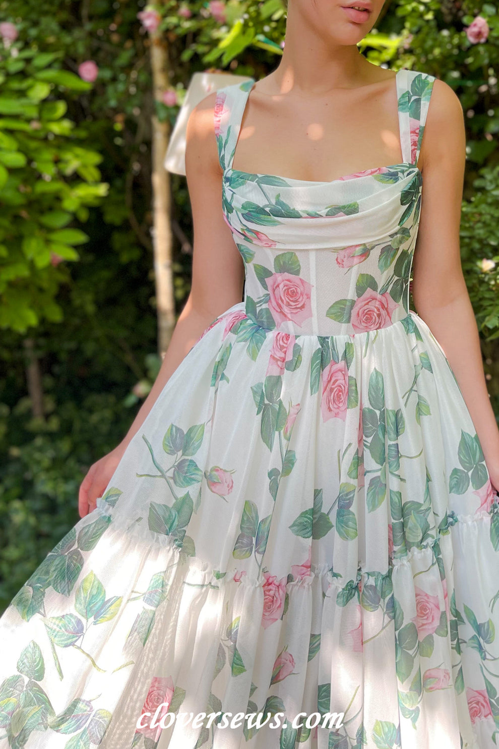 Square Neck Sleeveless Charming Floral Printed A-line Spring Dresses ...