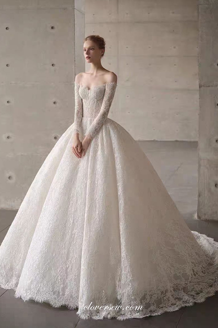 Vintage Fully Lace Off The Shoulder Long Sleeves Ball Gown Wedding Dre ...