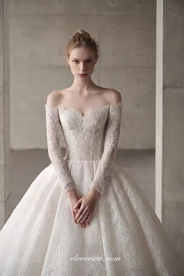 Vintage Fully Lace Off The Shoulder Long Sleeves Ball Gown Wedding Dre ...