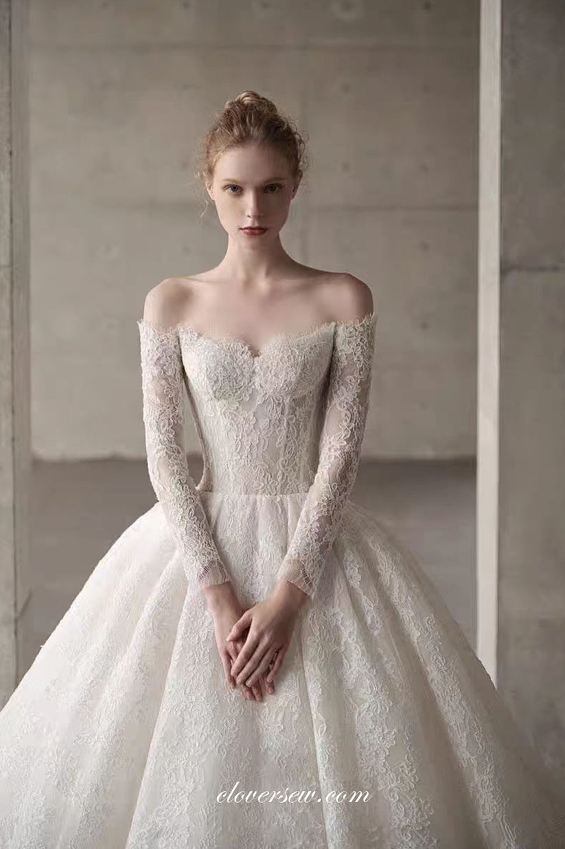 Vintage Fully Lace Off The Shoulder Long Sleeves Ball Gown Wedding Dre ...