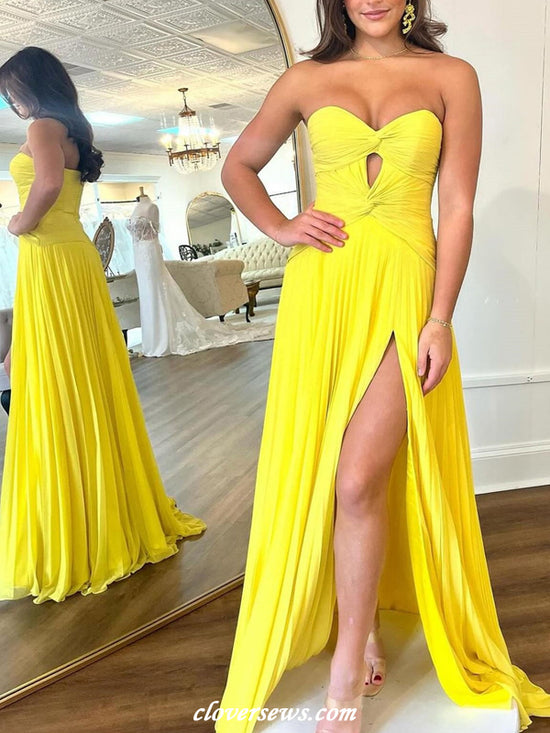 Yellow Pleating Chiffon Sweetheart Strapless A-line With Side Slit Lon ...