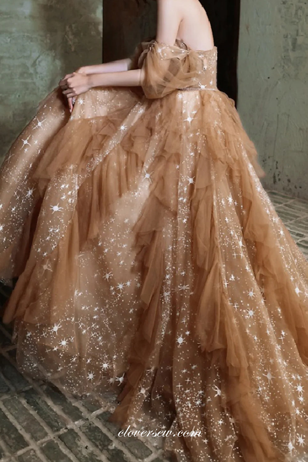 Beaded Ruffles Tulle Sweetheart Off The Shoulder Charming Prom Dresses ...