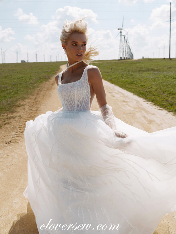 Beaded Sequined Lace Tulle Scoop Neck A-line Fashion Bridel Wedding Dr ...