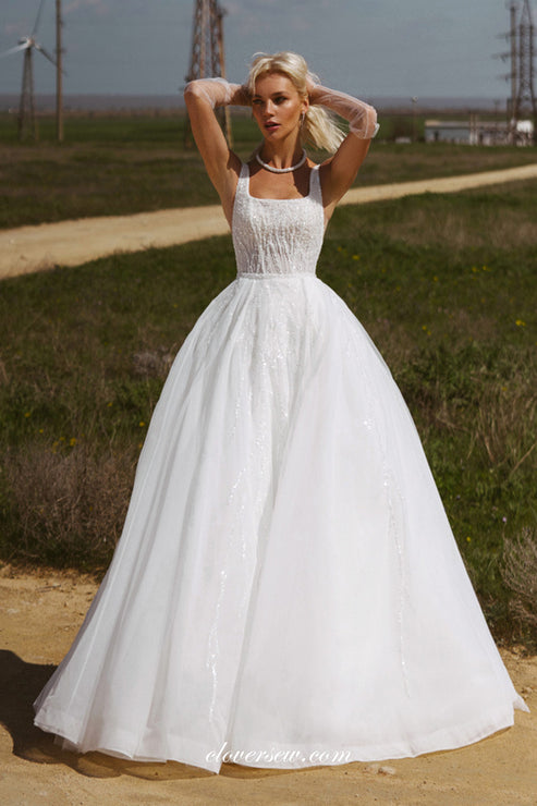 Beaded Sequined Lace Tulle Scoop Neck A-line Fashion Bridel Wedding Dr ...