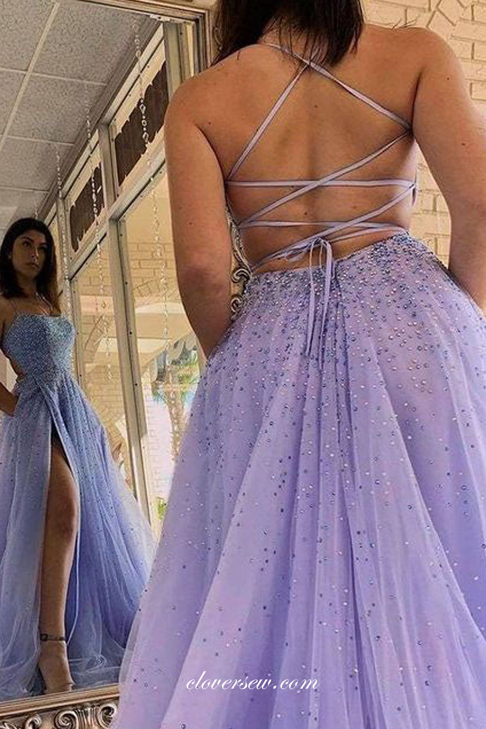 Lavender Beading Tulle Spaghetti Strap Lace Up Back Side Slit Prom Dre ...